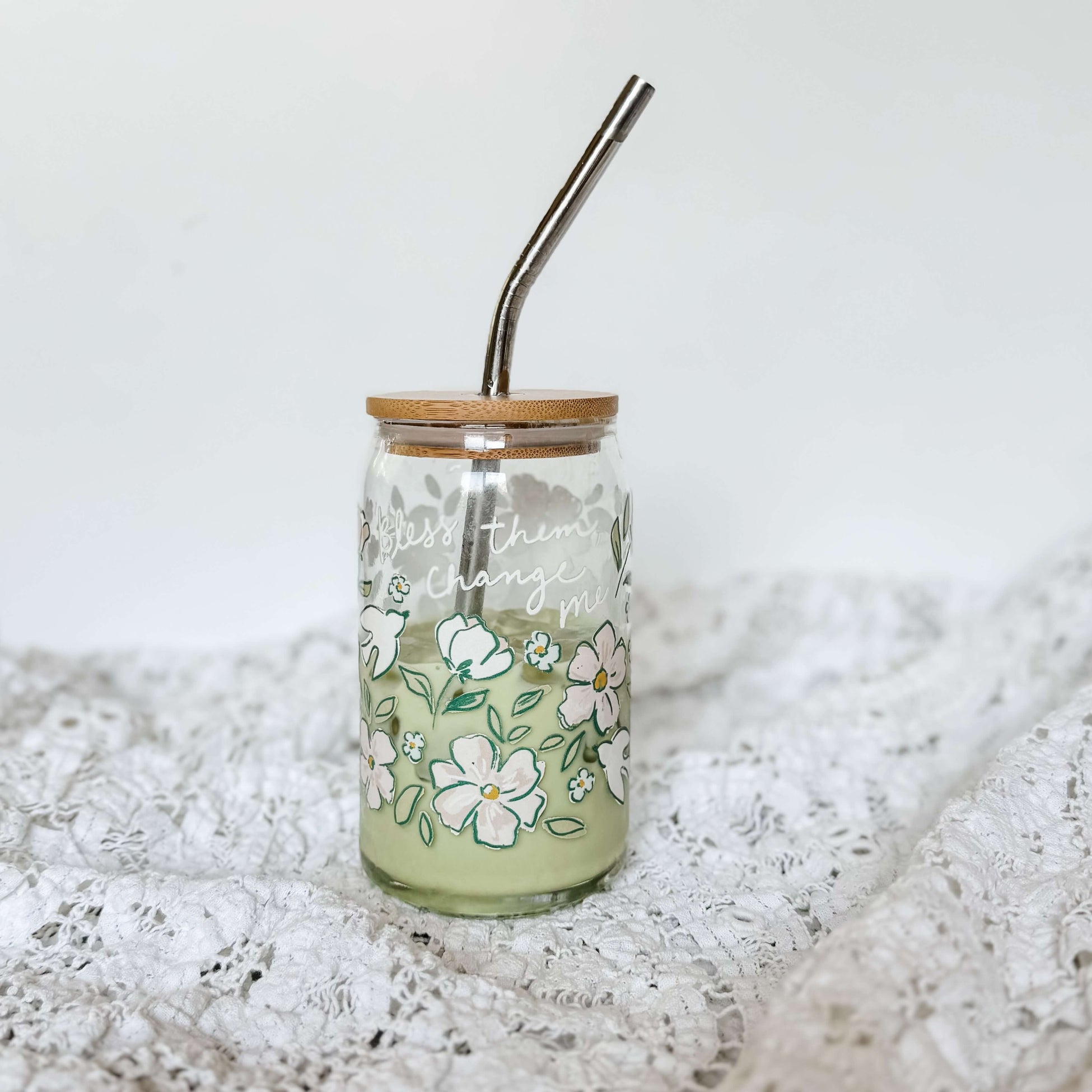 Bless Them Change Me Floral Glass Can with Lid and Straw